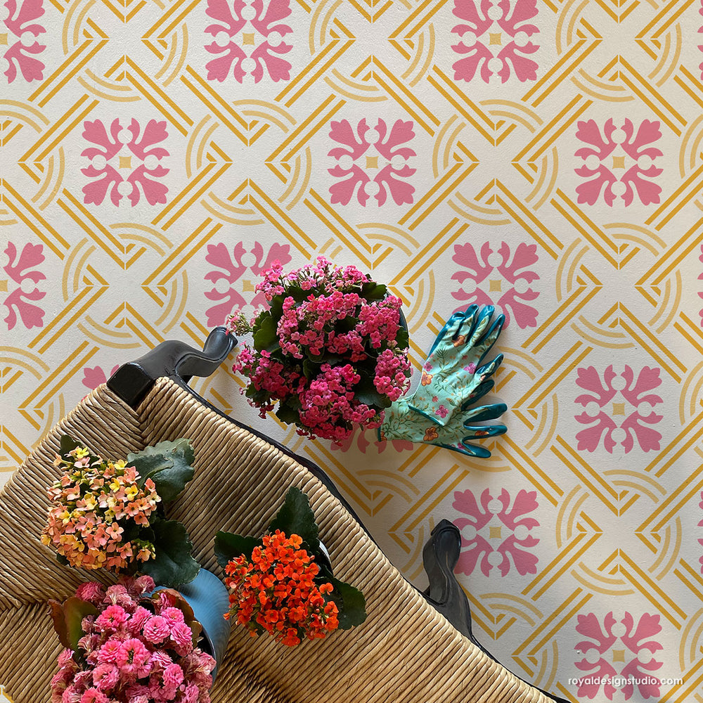 Floor and Patio Stencil-Floral Geometric Tile Pattern for Stenciling