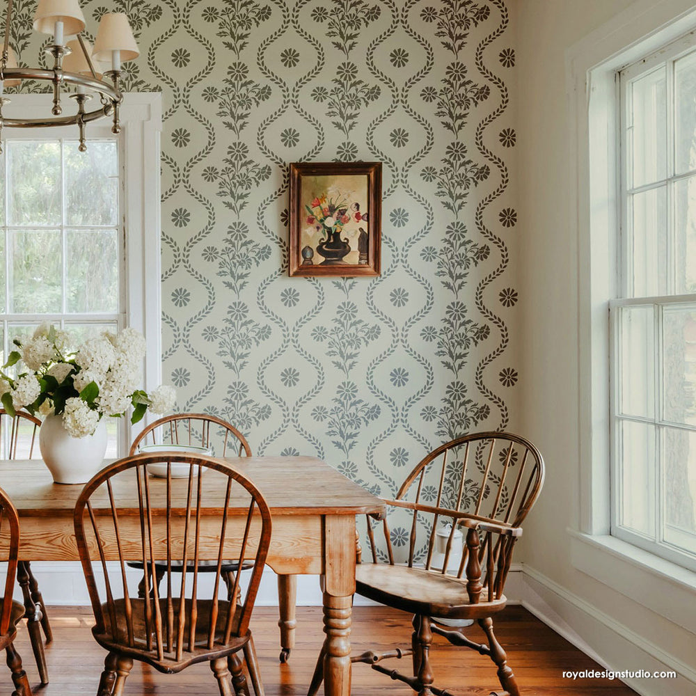 Wall Paint Stencils | Cottage Floral Stripe Stencil for Walls