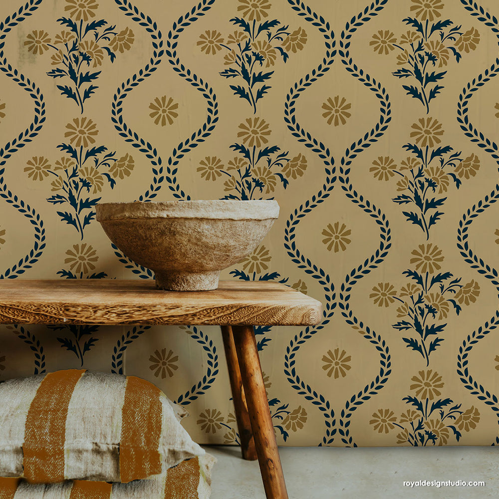 Wall Paint Stencils | Cottage Floral Stripe Stencil for Walls