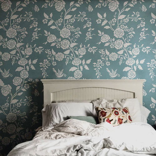 Chinoiserie Floral Panel Wall Stencil Pattern